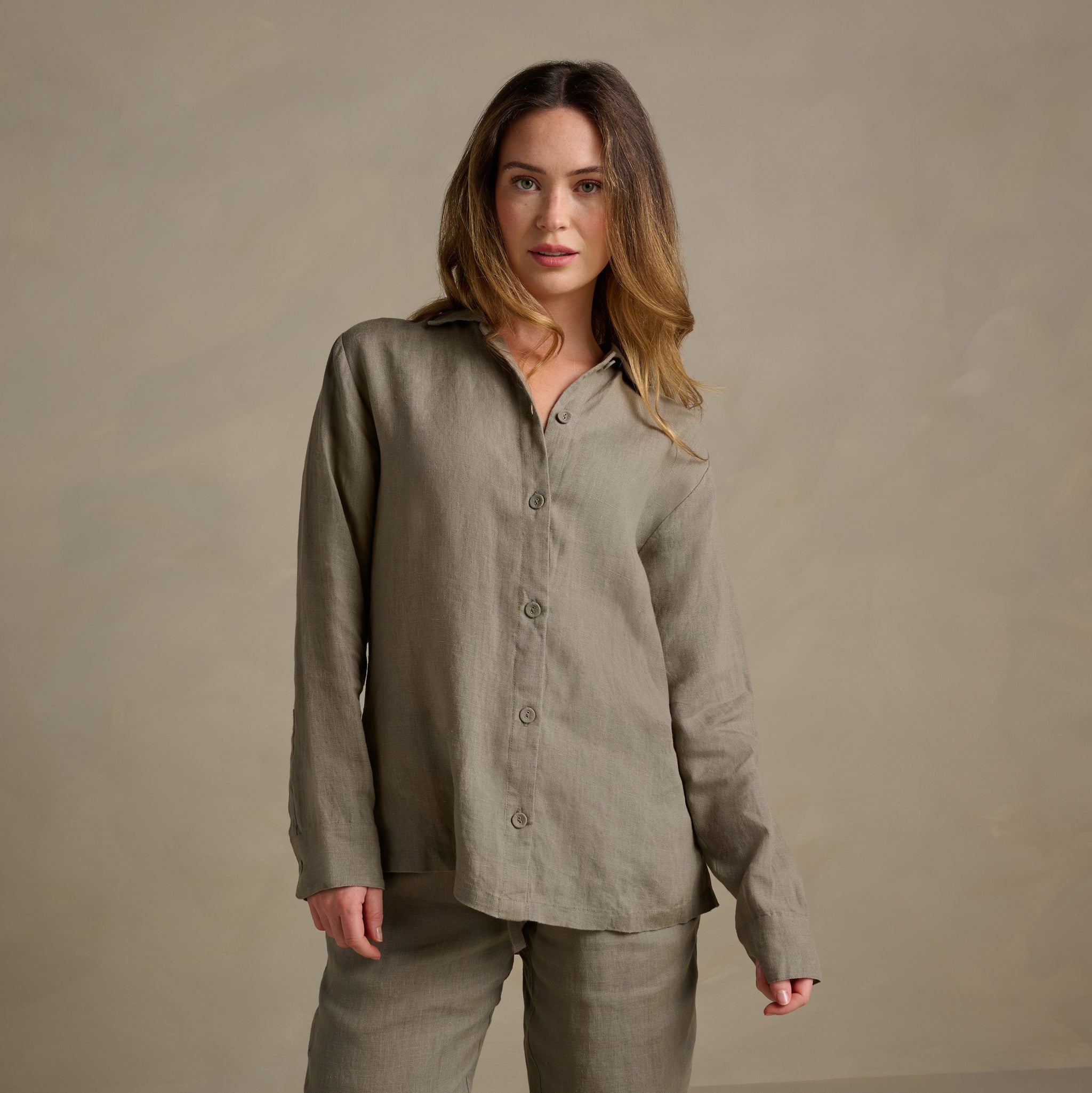The Women's Linen Shirt in Moss | Loungewear by Bedfolk