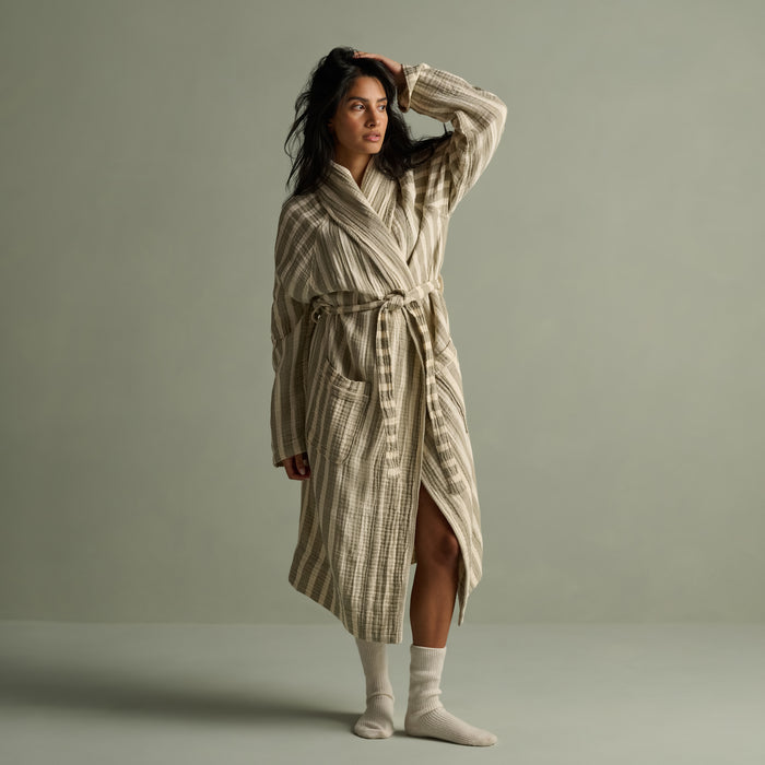 The Dream Cotton Robe in Sage Stripe by Bedfolk