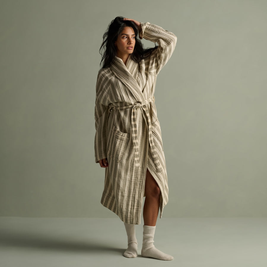 The Dream Cotton Robe in Sage Stripe by Bedfolk